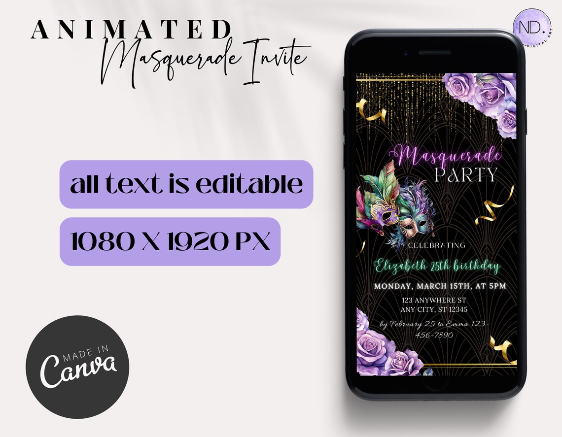 Editable Masquerade Party Animated Video Invitation, Canva Template ...