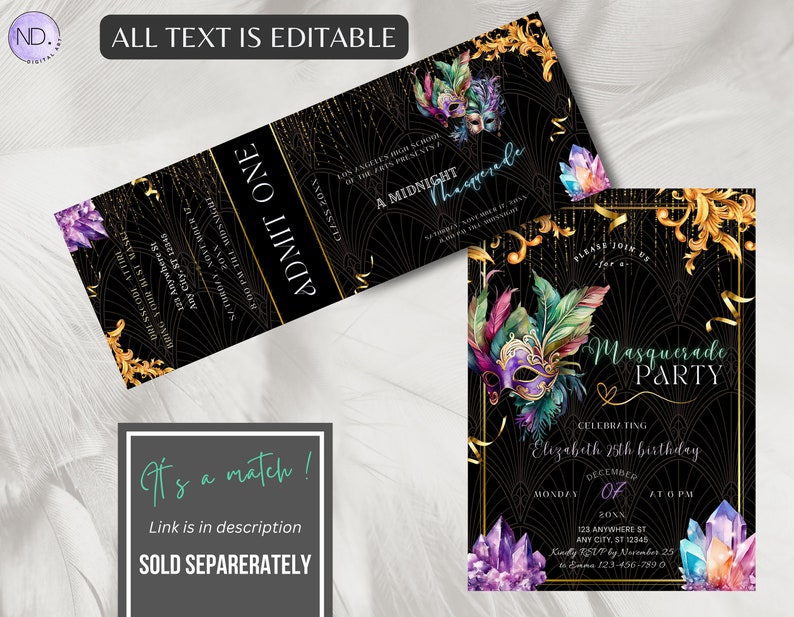 Editable Masquerade Ticket Template, Gold Gemstones (digital Download ...