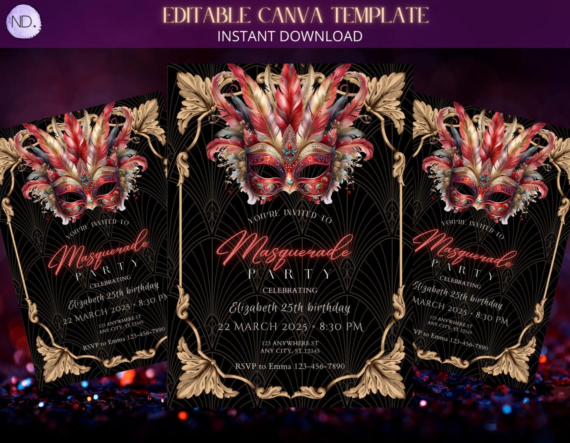 Editable Masquerade Party Invitation, Bordeaux Masquerade Birthday ...