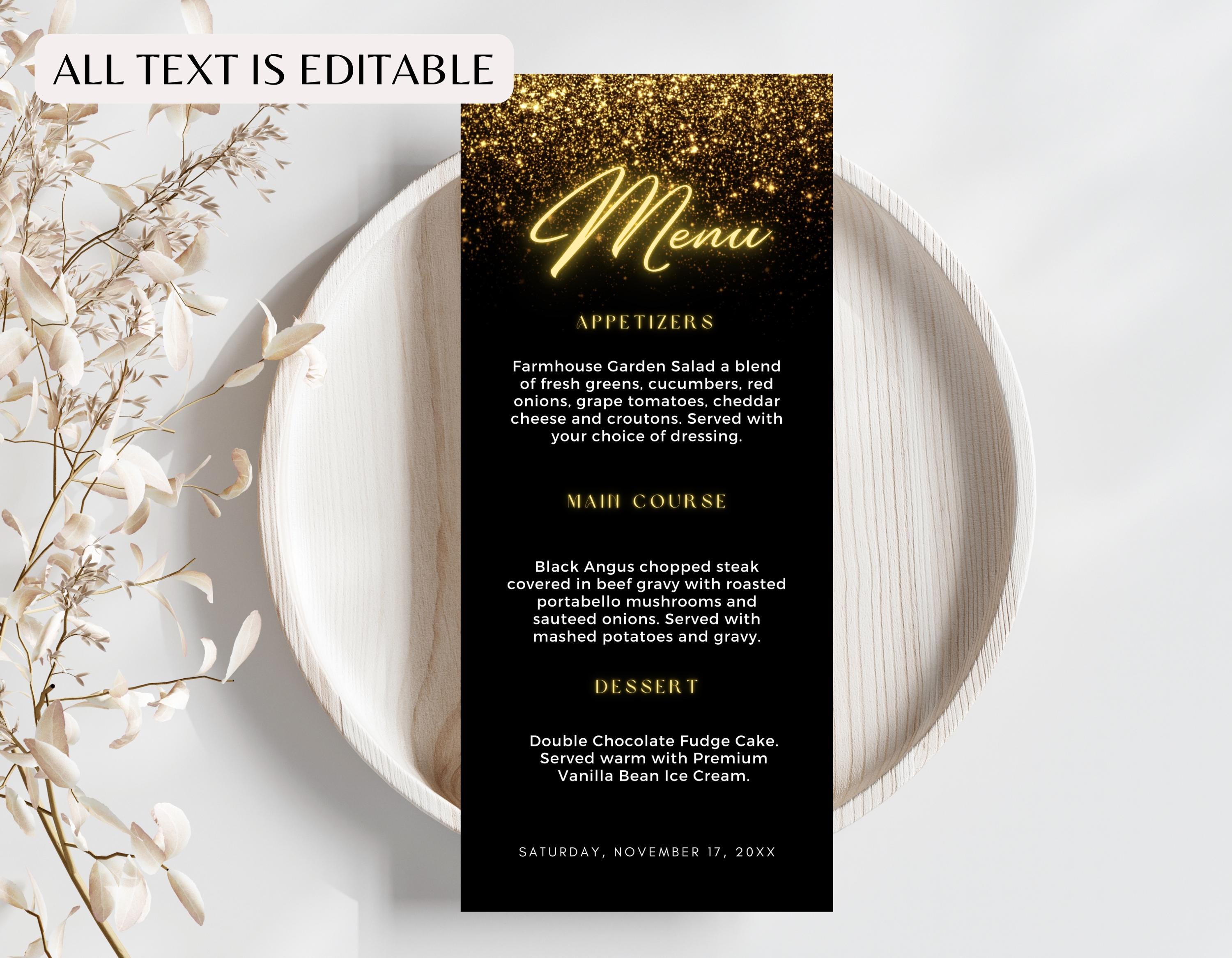 Editable Gold Menu Card Template, Gold Glitter Menu Cards, Party Dinner ...