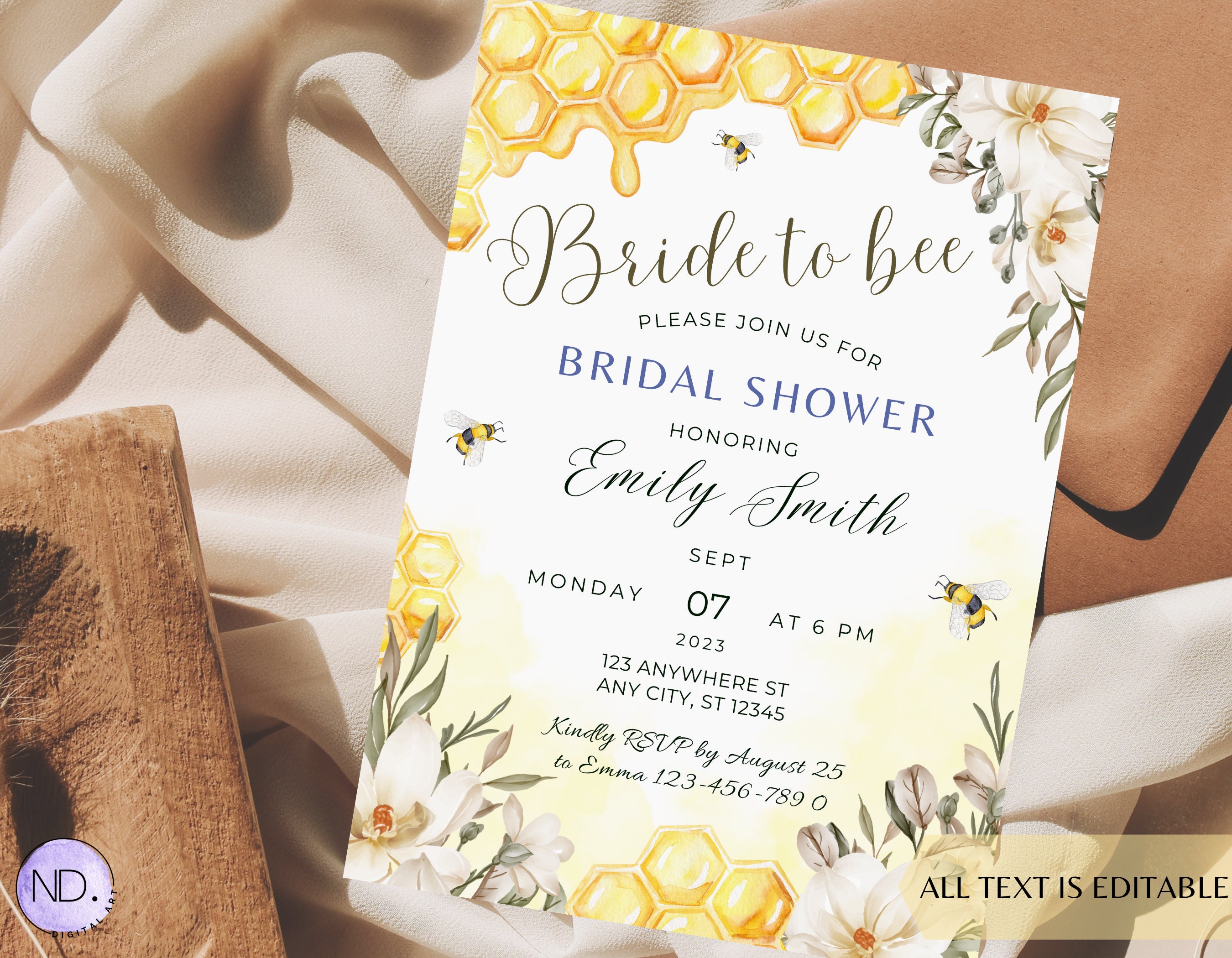 Editable Bride to Bee Bridal Shower Invitation Honey Bee Rustic Bee ...