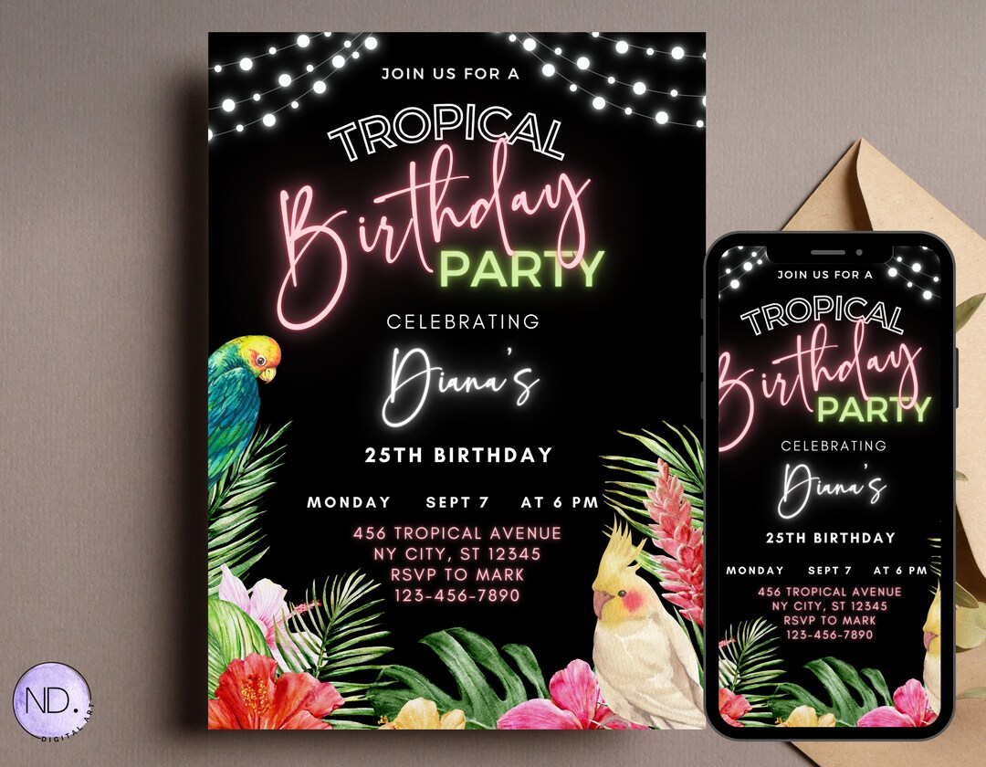 Editable Colorful Tropical Invitation, Watercolor Birds, Tropical ...