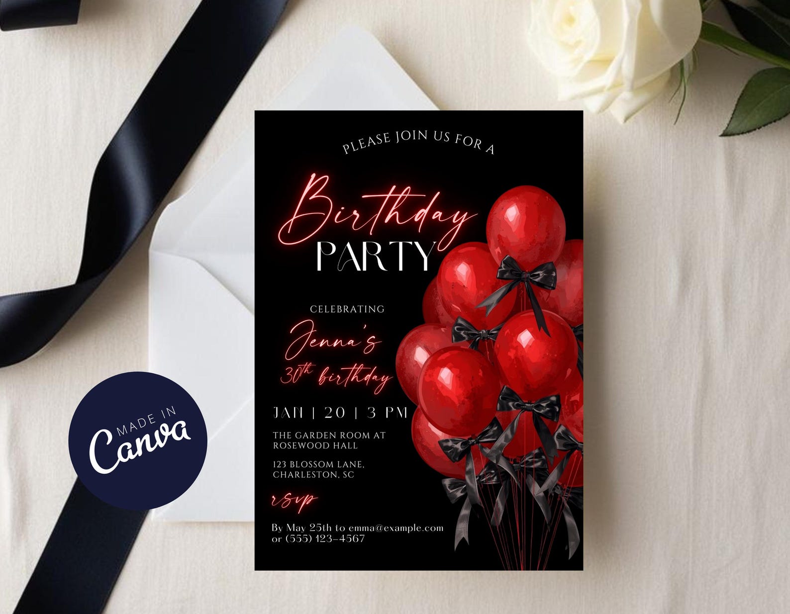 Red Balloon Birthday Party Invitation, Editable Canva Template (digital ...