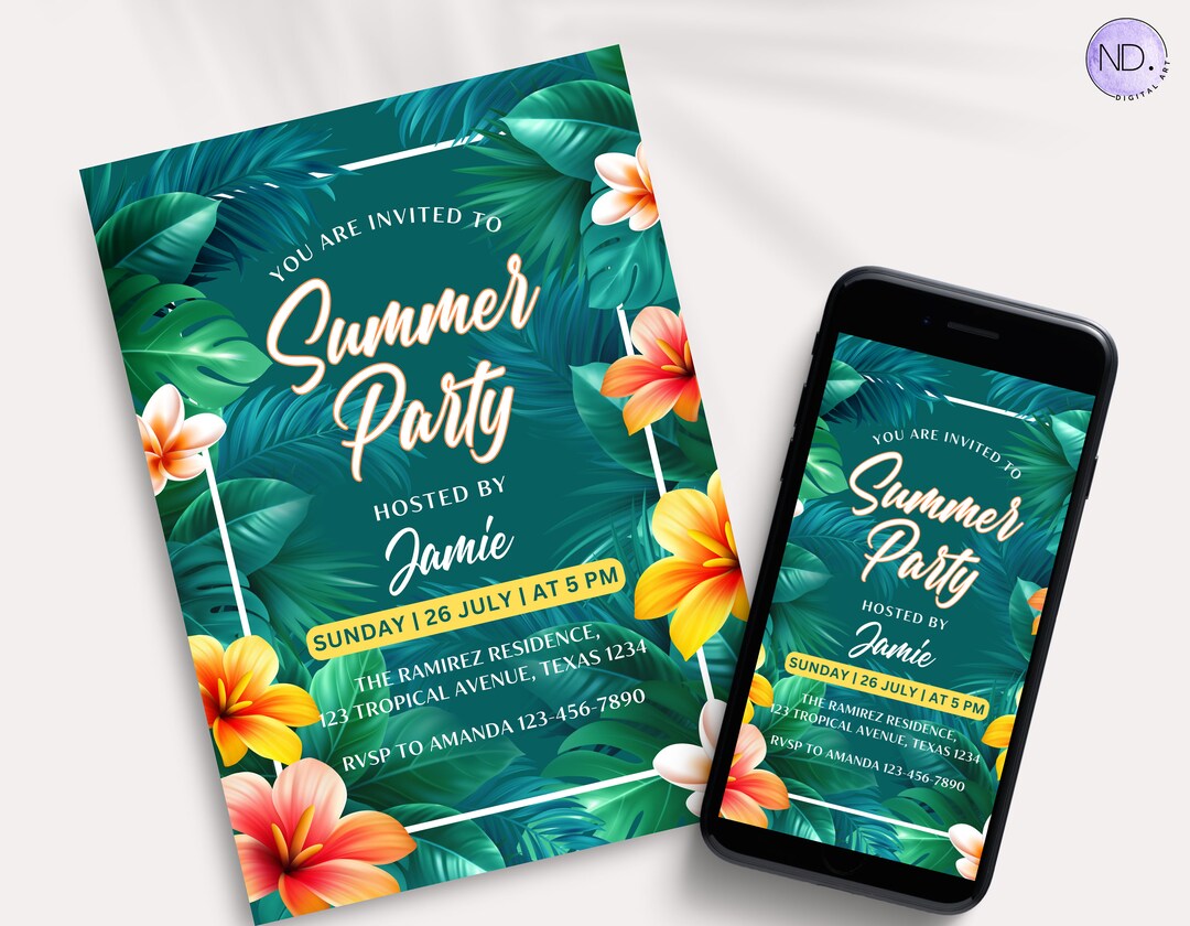 Editable Summer Party Invitation, Tropical Party Invite, Summer Pool ...