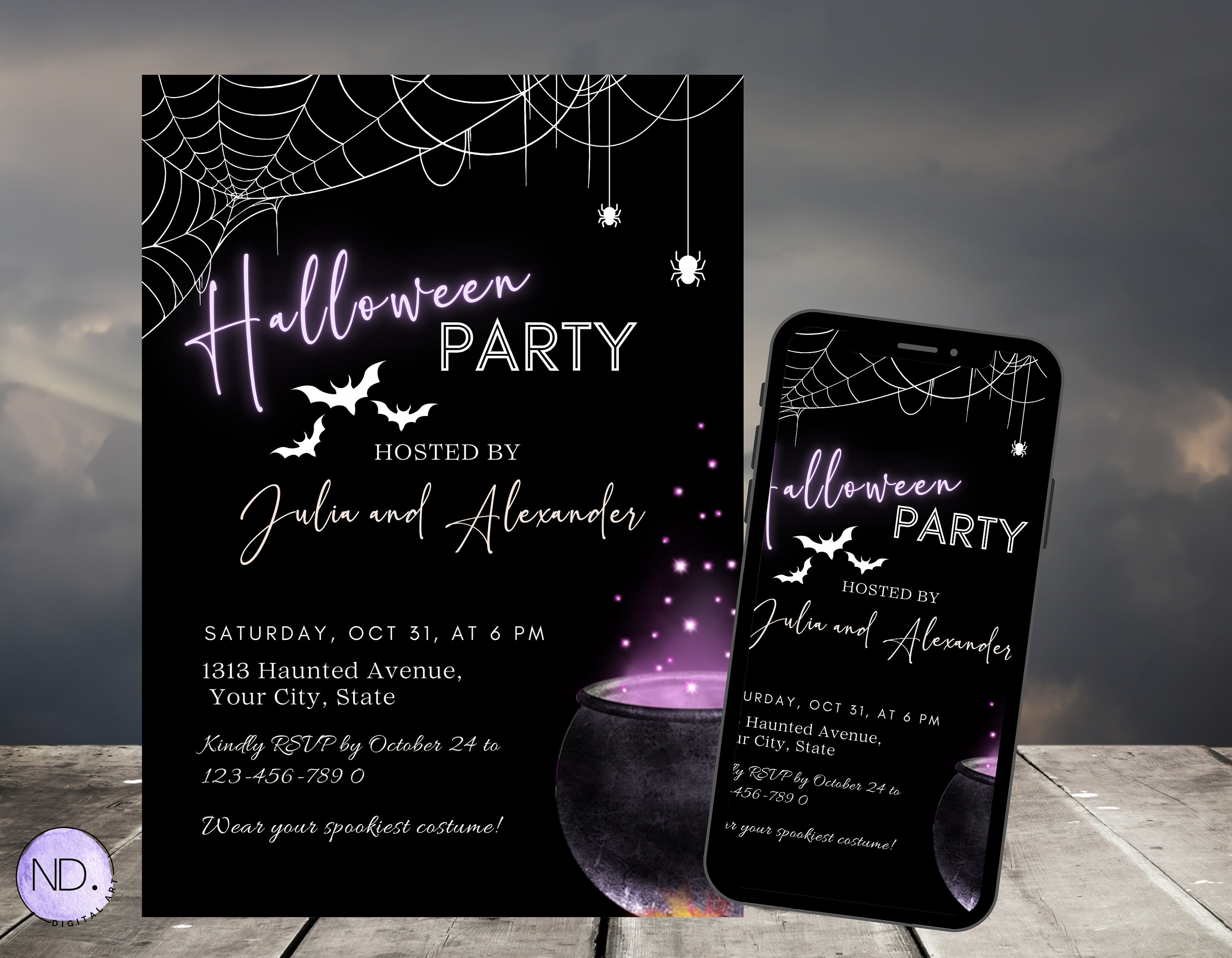 Neon Halloween Party Invitation, Halloween Costume Party Invite, Print ...