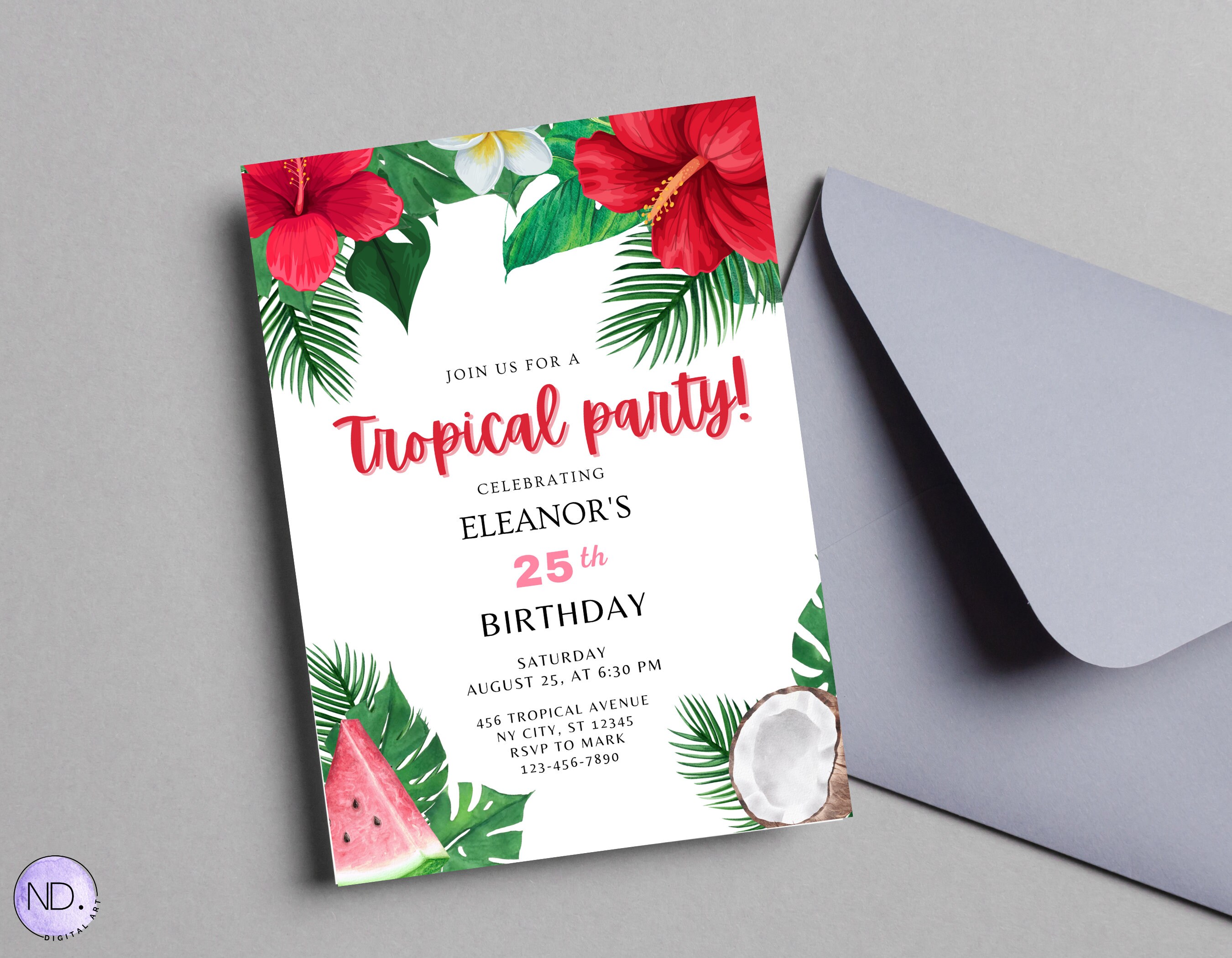 Red Tropical Birthday Invitation Tropical Party Havana Hawaii ...