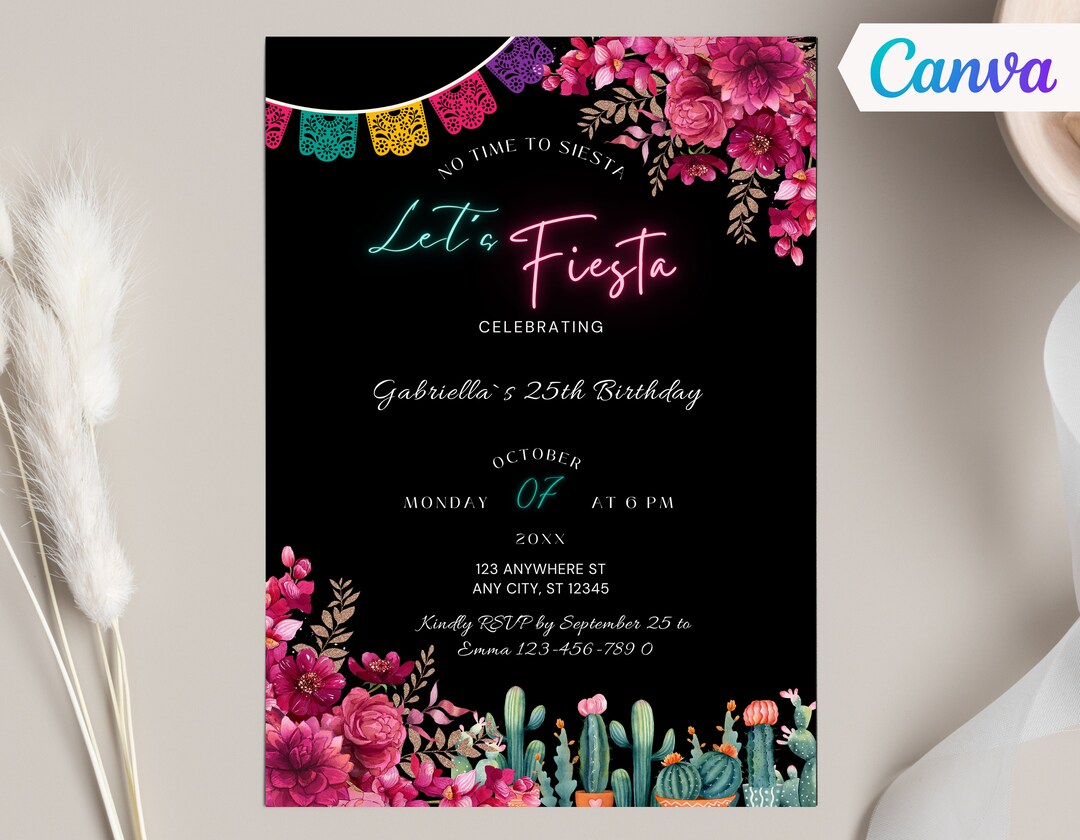 Editable Fiesta Birthday Invitation, Black and Pink Floral, Canva ...
