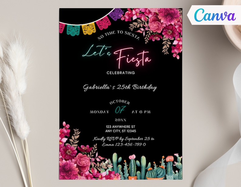 Editable Fiesta Birthday Invitation, Black and Pink Floral, Canva ...
