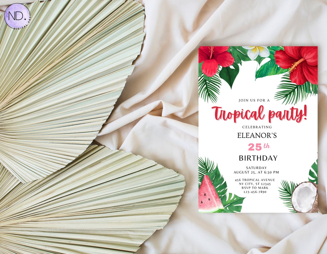 Red Tropical Birthday Invitation Tropical Party Havana Hawaii ...