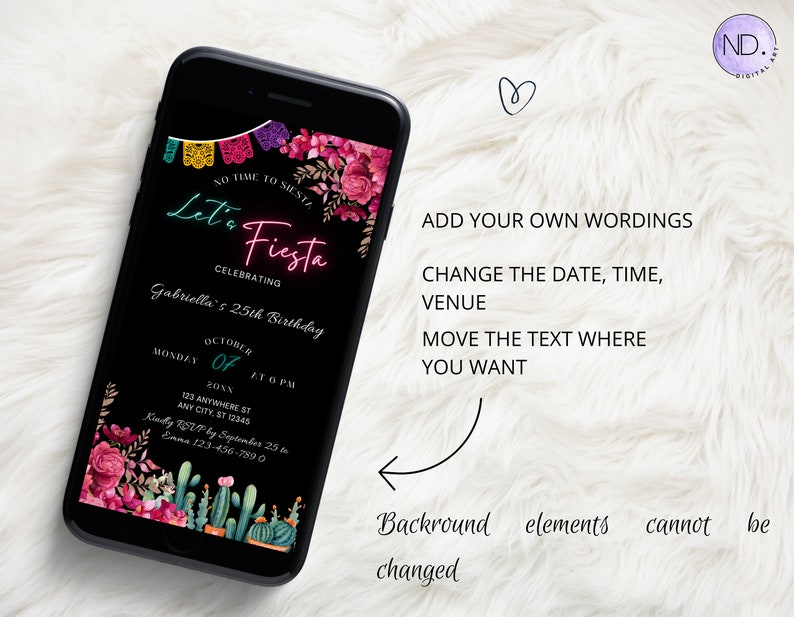 Editable Fiesta Birthday Invitation, Black and Pink Floral, Canva ...
