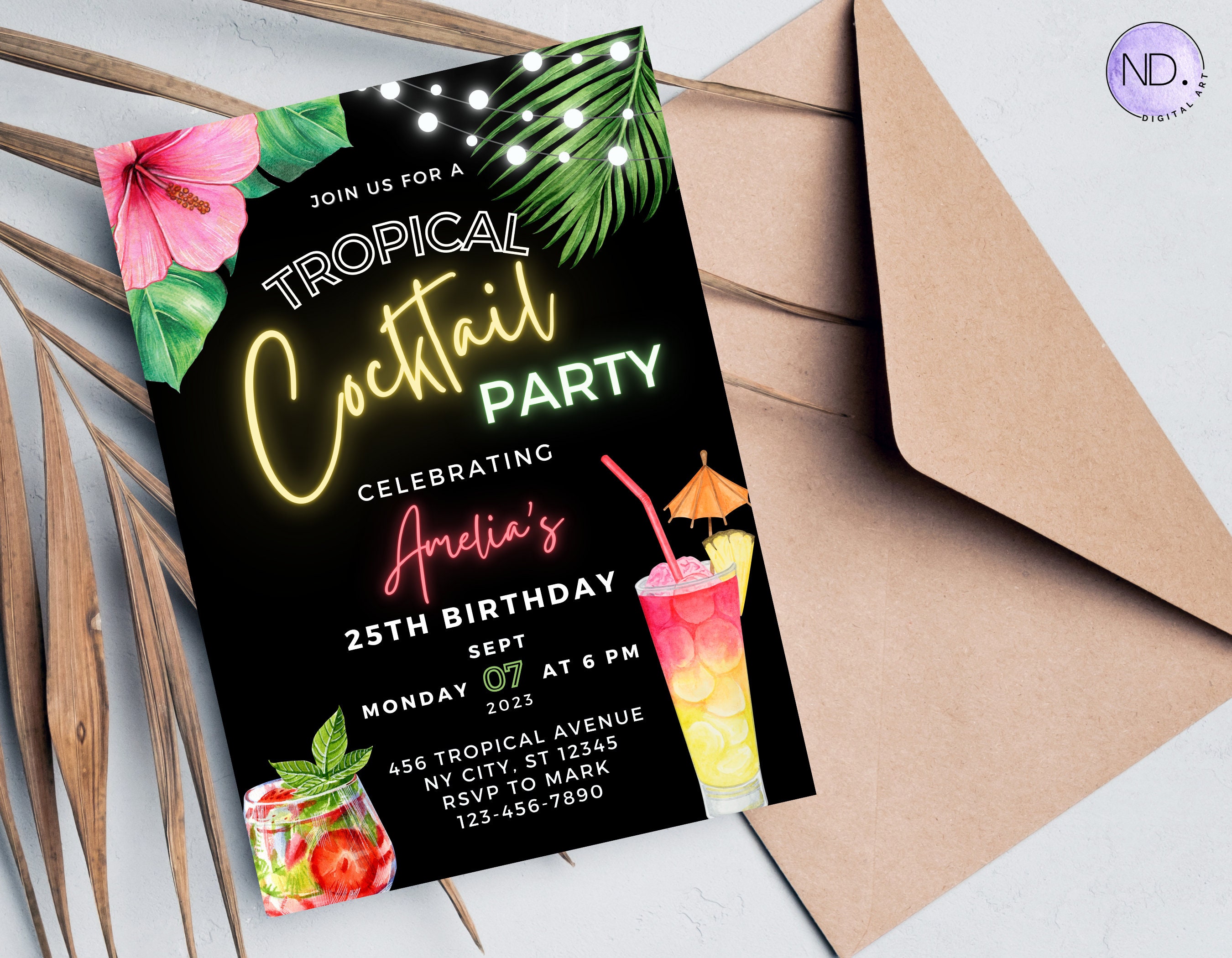 Cocktail Party Invitation Template, Editable Tropical Birthday Card ...