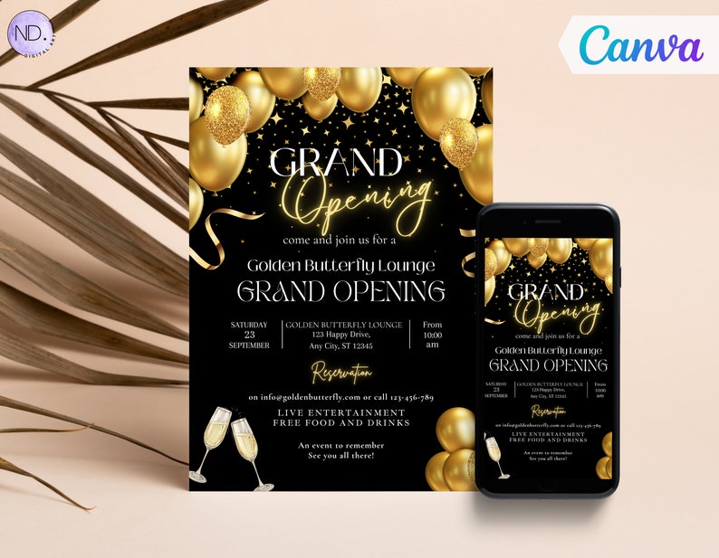 Editable Gold Grand Opening Invitation, Business Opening Invite, Launch ...