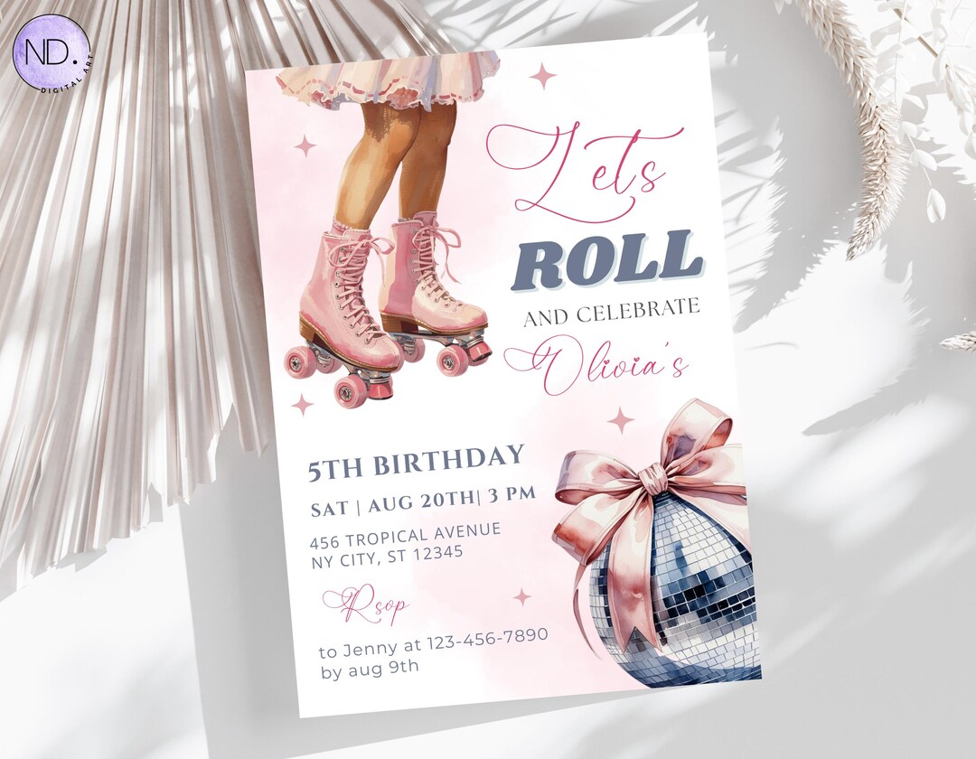 Retro Roller Skate Birthday Invitation, Disco and Bow Girl Party Invite ...