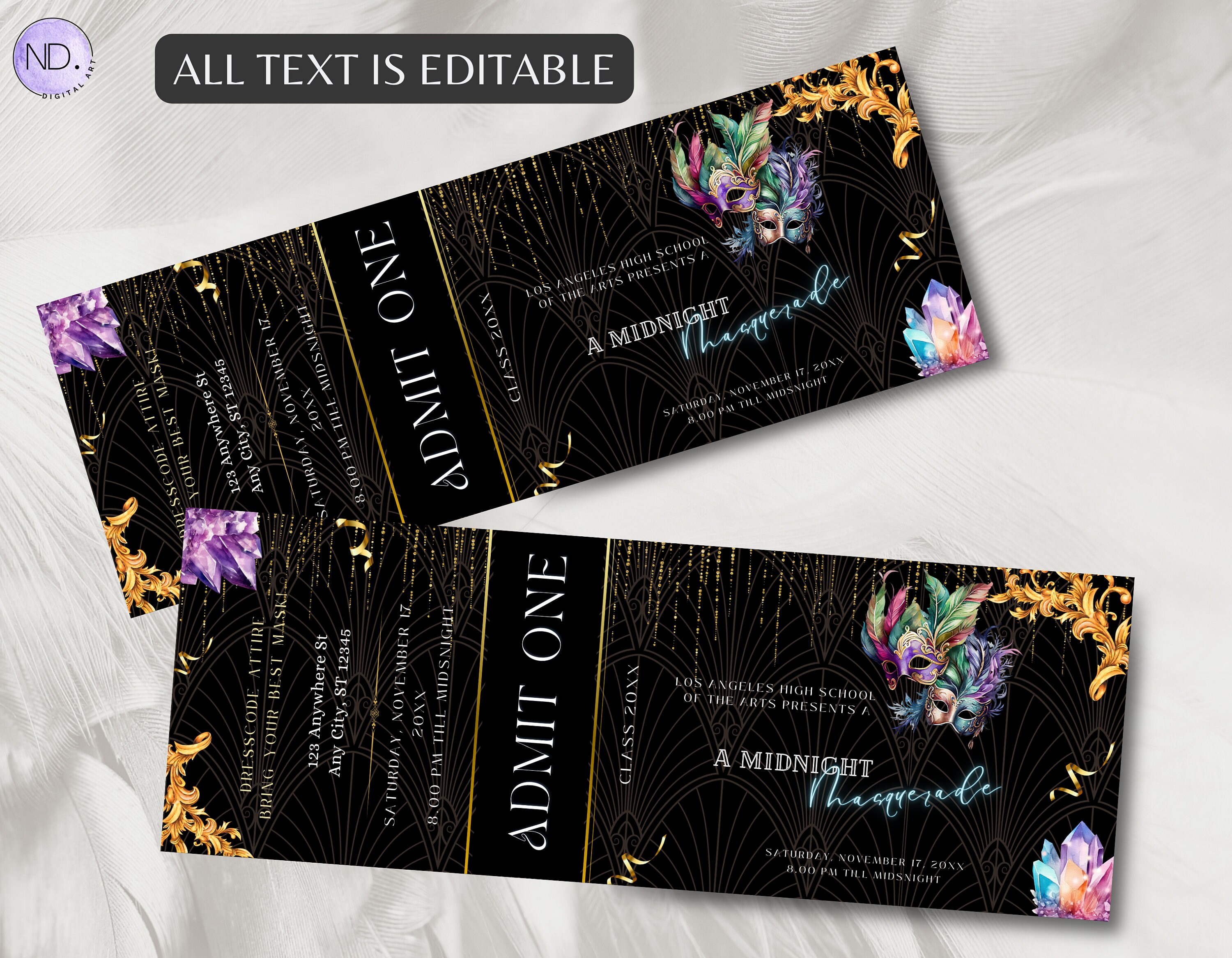 Editable Masquerade Ticket Template, Gold Gemstones (digital Download ...