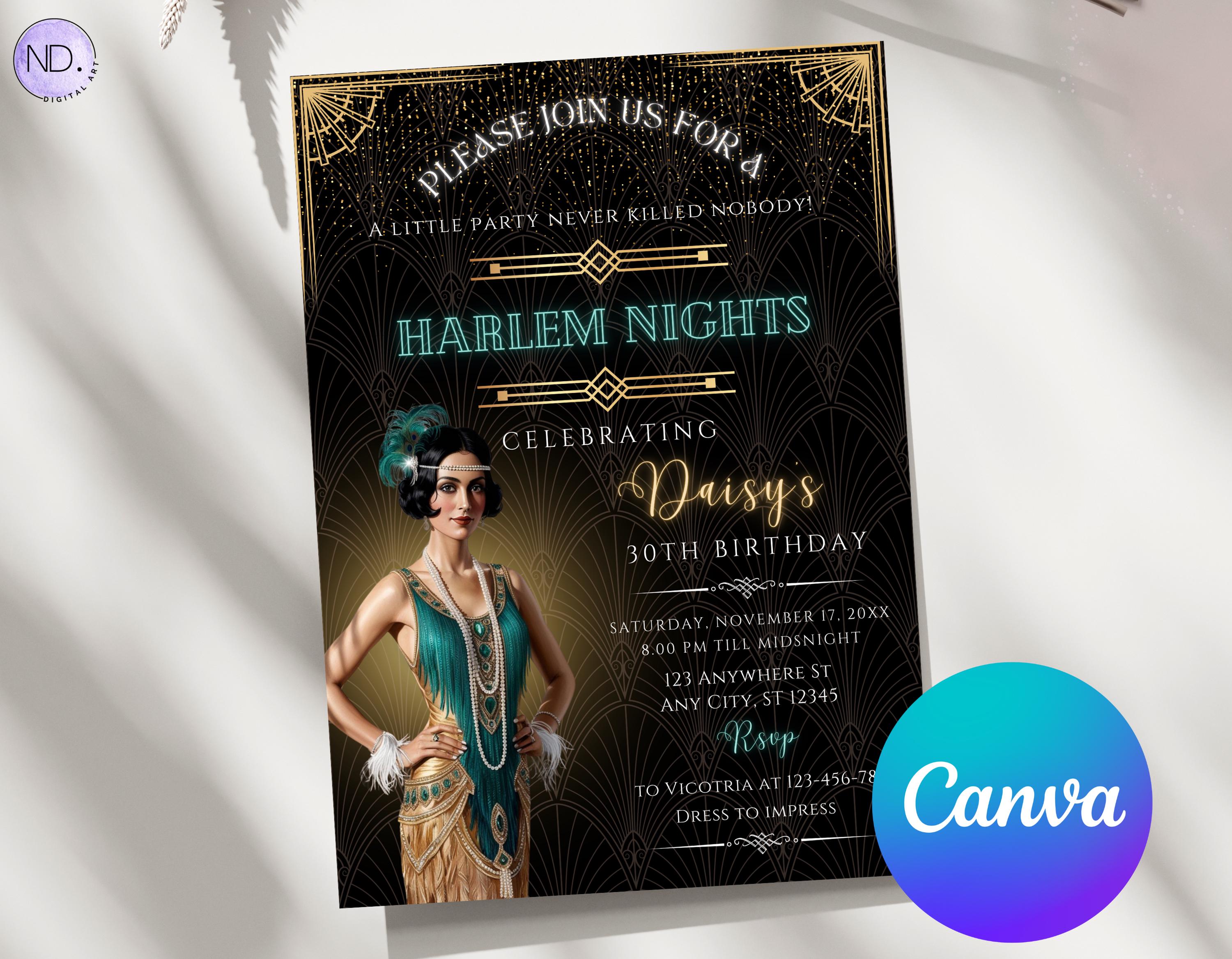 Emerald Harlem Nights Invitation, Editable Gatsby Birthday Party Invite ...