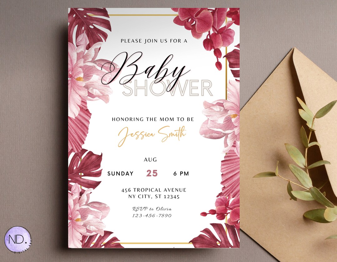 Editable Red Orchids Baby Shower Invitation, Pampas, Boho Floral, Print ...