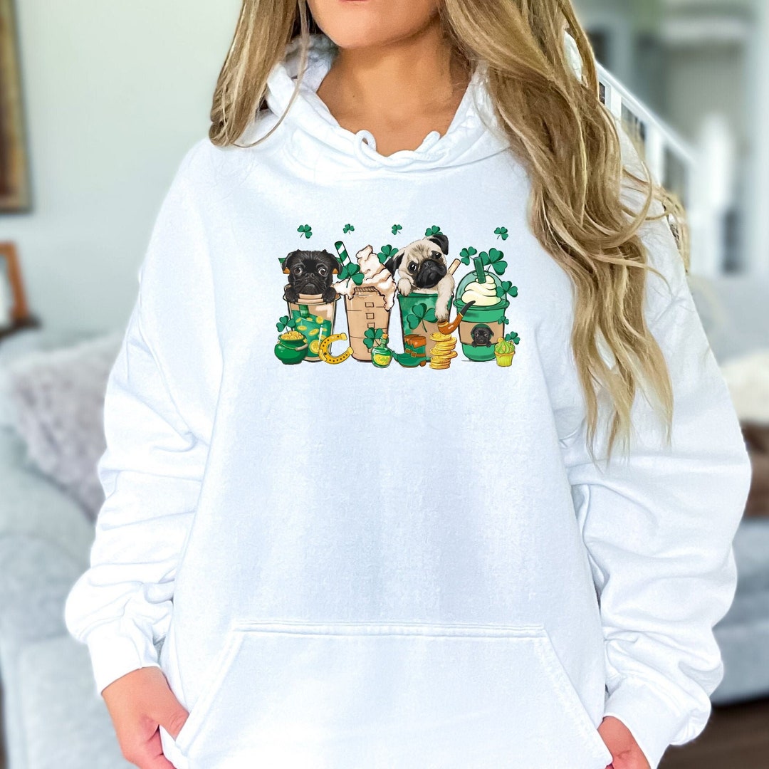 St. Patricks Day Pugs and Coffee Hoodie Sweatshirt, Gift for Pug Dog ...