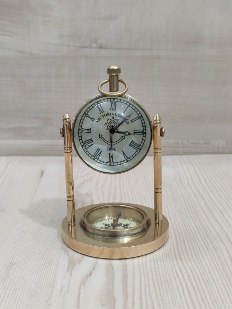 Antique Reversible Brass Table Clock With Compass Nautical Maritime ...