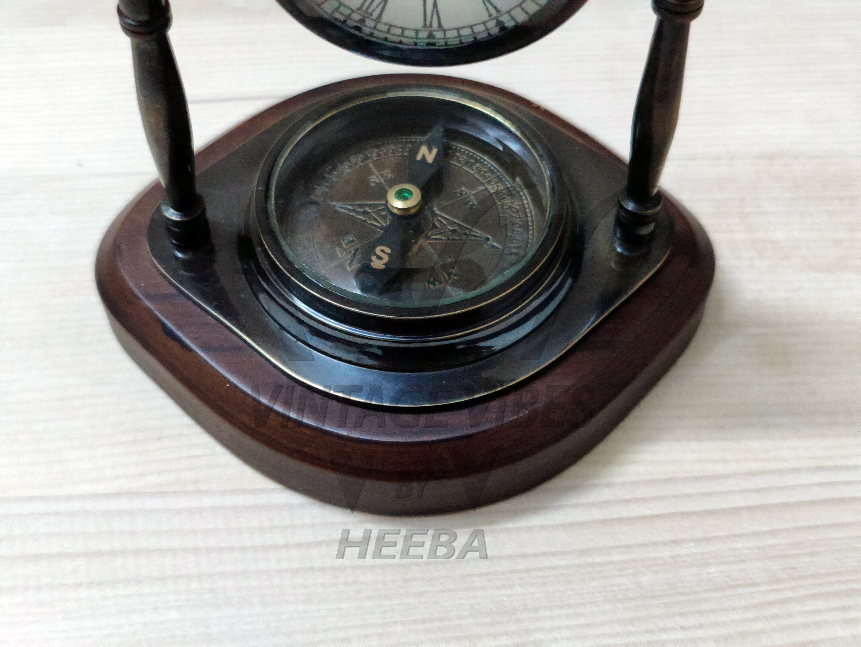 Black Antique Brass Engraved Table Clock & Compass Style Nautical ...