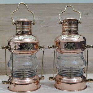 Set of 2 Brass & Copper Anchor Oil Lamp Nautical Maritime Ship Lantern ...