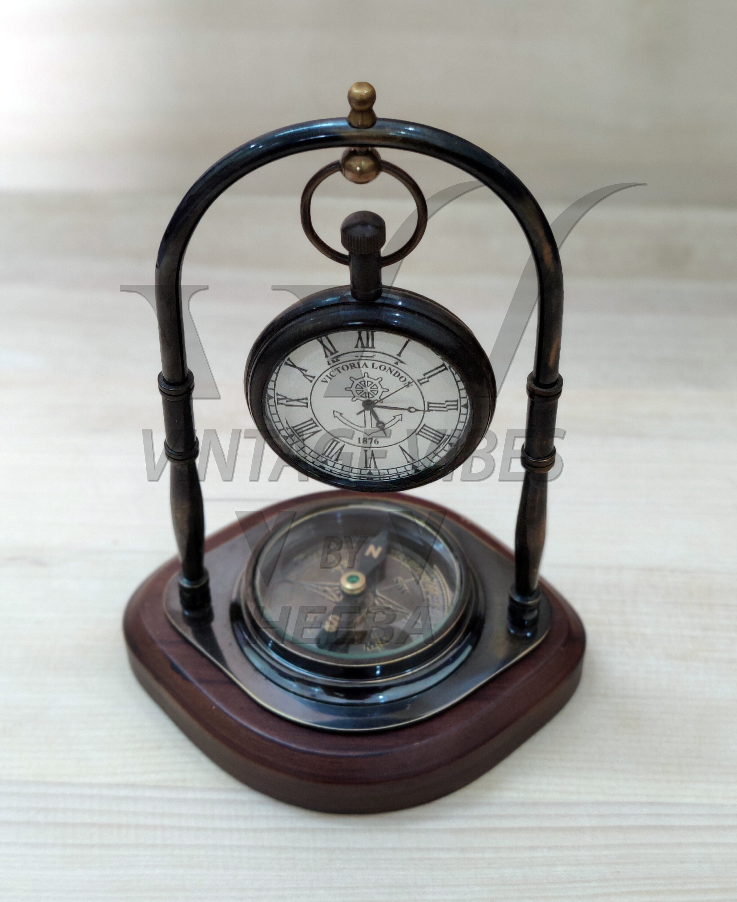 Black Antique Brass Engraved Table Clock & Compass Style Nautical ...