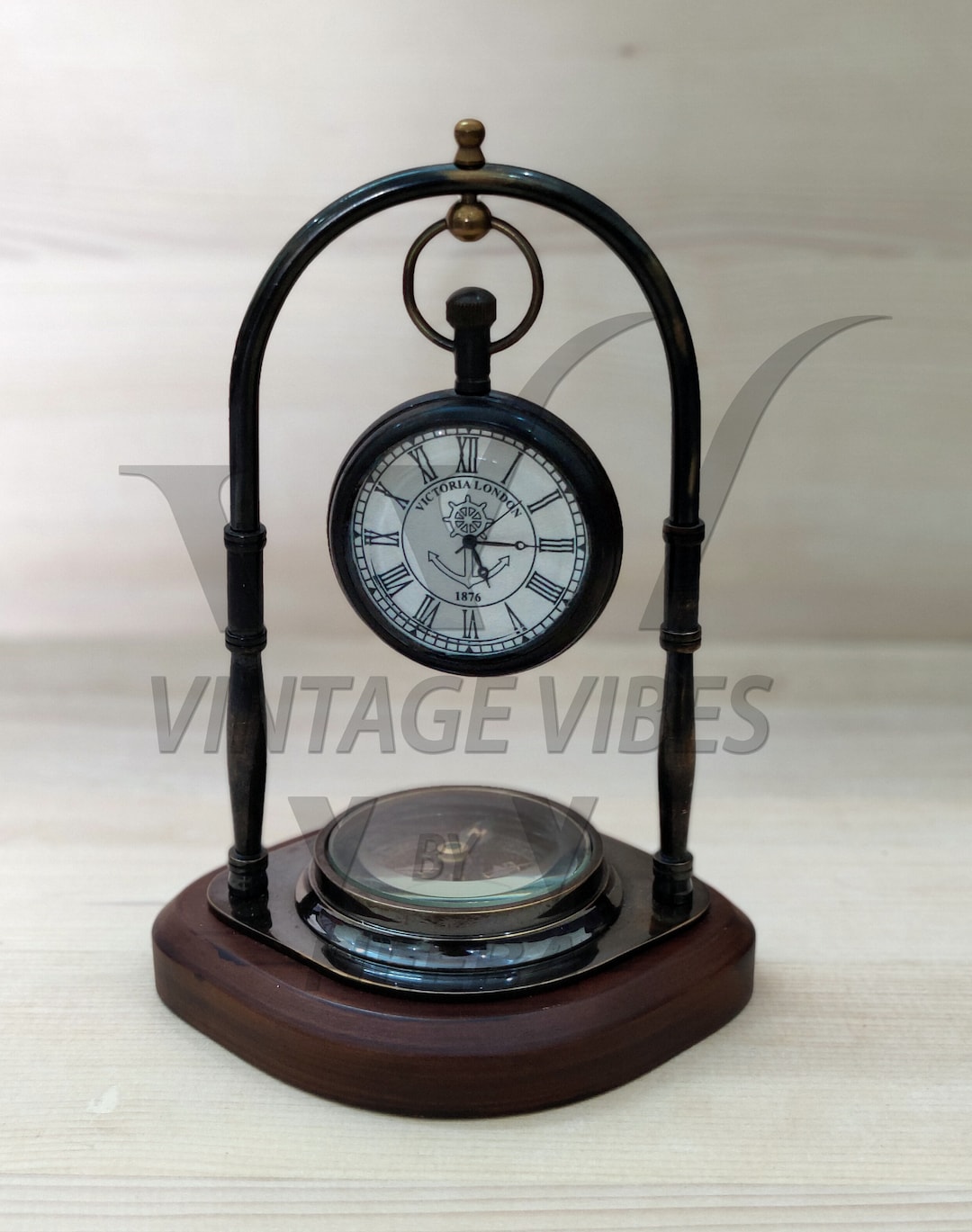 Black Antique Brass Engraved Table Clock & Compass Style Nautical ...