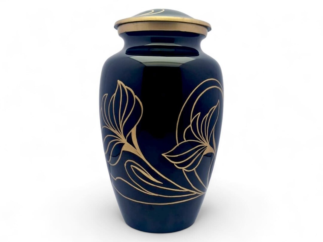 Blue Cremation Urn With Gold Print Flower - 10 Inch Memorial Urn for ...