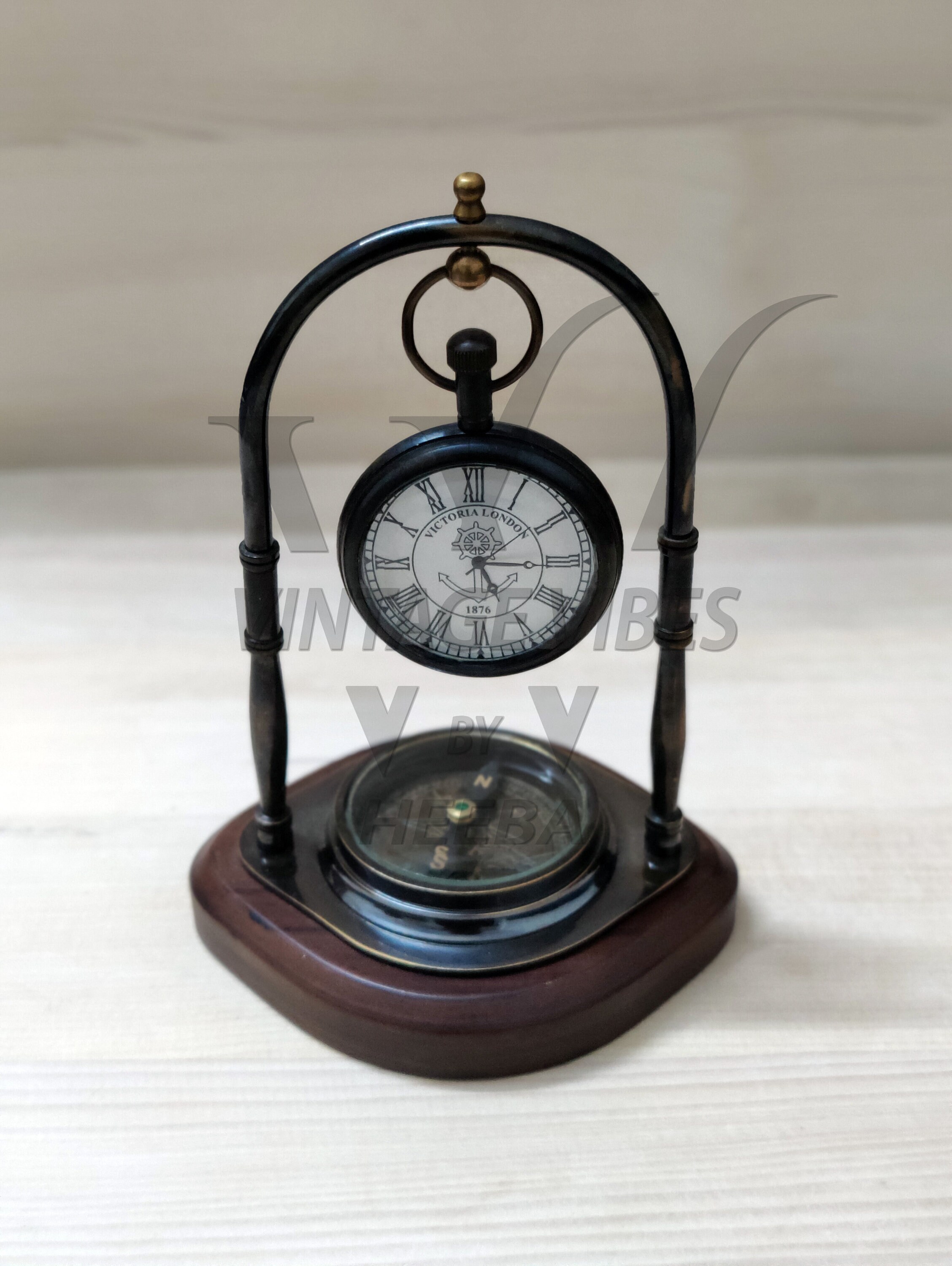 Black Antique Brass Engraved Table Clock & Compass Style Nautical ...