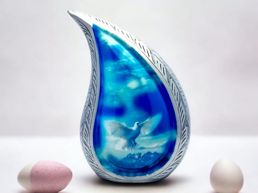 Teardrop Urn - Blue Engraved Silver Teardrop Adult Urn - Urns for ...