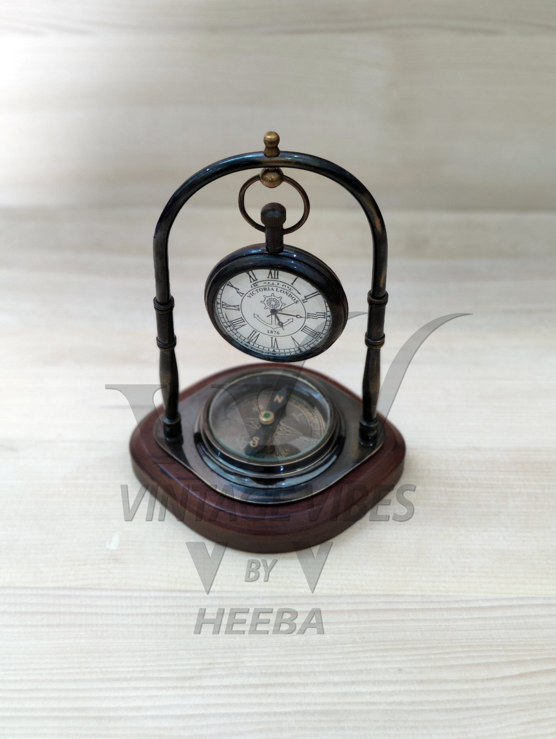 Black Antique Brass Engraved Table Clock & Compass Style Nautical ...