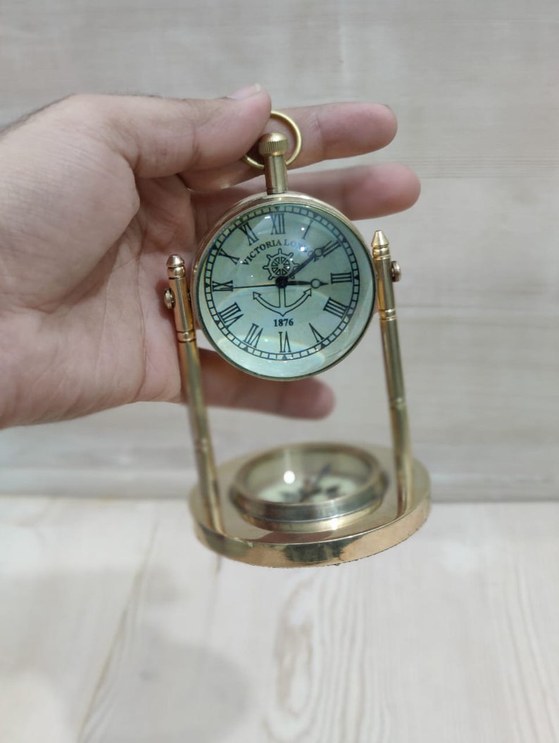 Antique Reversible Brass Table Clock With Compass Nautical Maritime ...