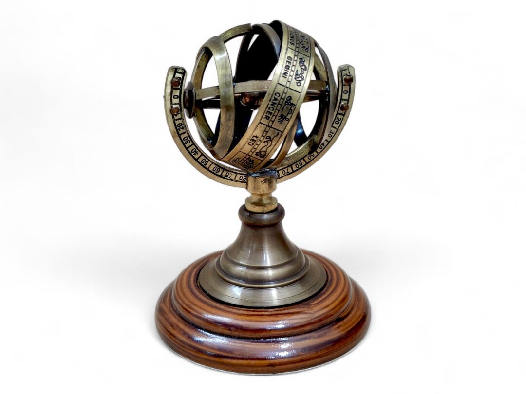 Brass Armillary Sphere - 5-inch Vintage Décor on Elegant Wooden Base ...