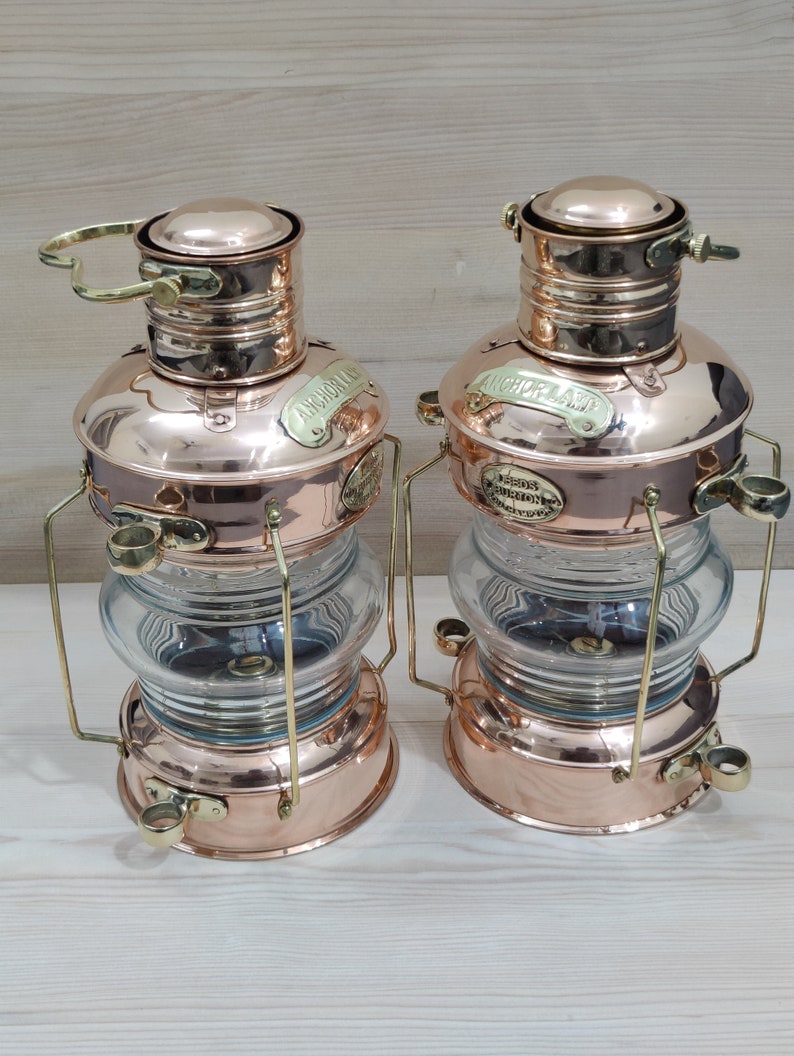 Set of 2 Brass & Copper Anchor Oil Lamp Nautical Maritime Ship Lantern ...