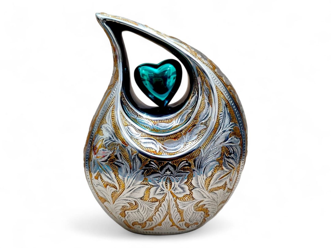 Teardrop Urn - Silver Teardrop Urn With Golden Engraving and Green ...