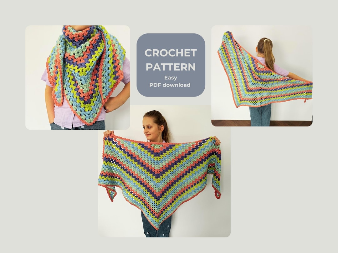 Crochet Pattern Granny Square Shawl Easy Scarf Wrap Stripes Triangle ...