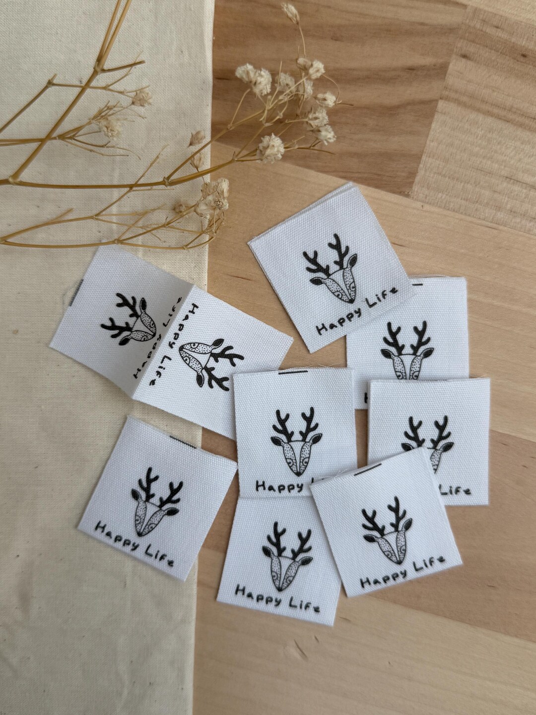 2X Deer Labels, Happy Life, Cute Fabric Labels, Sewing Labels, Fabric ...