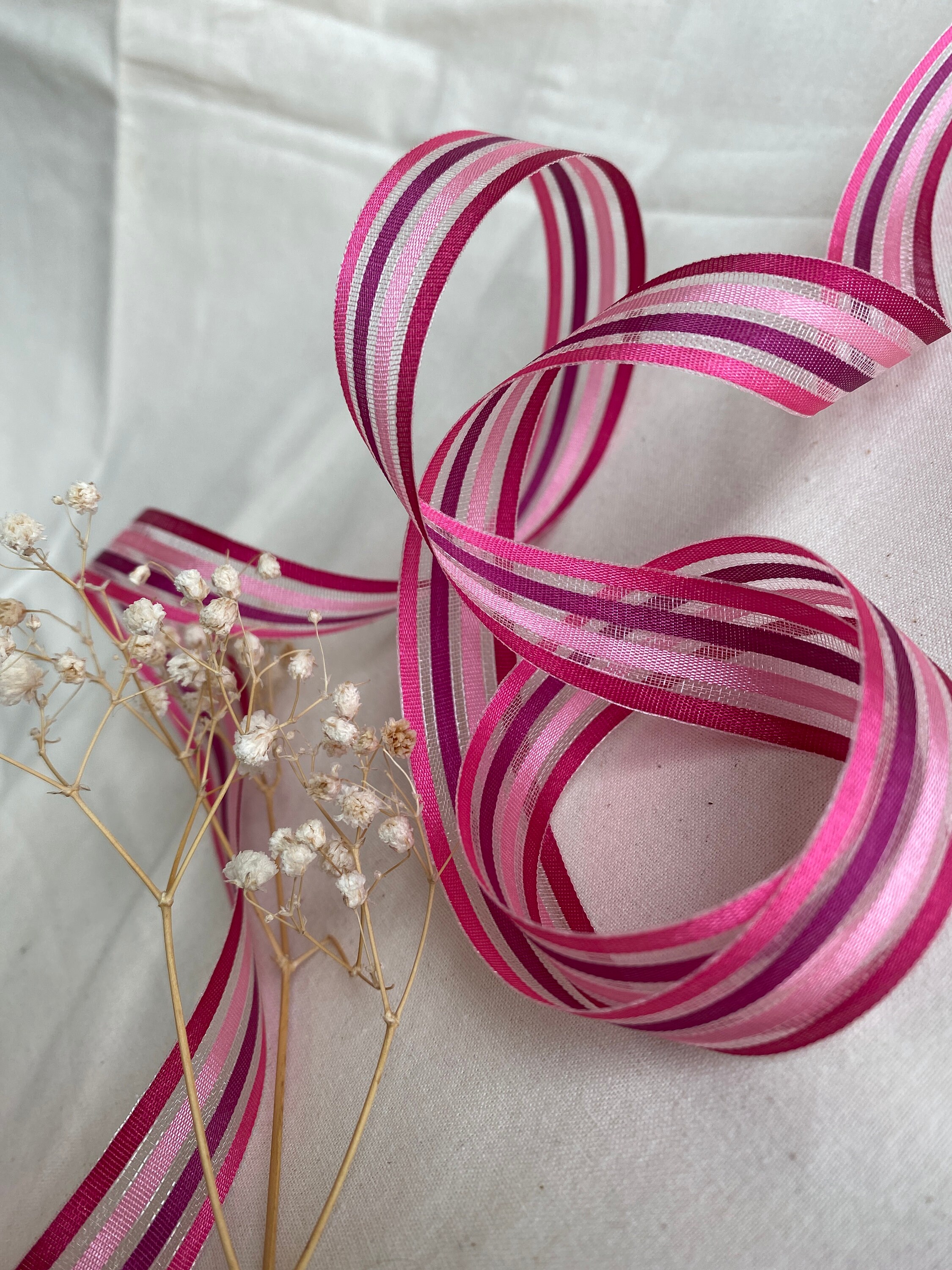 Pink Stripes Sheer Ribbon, Webbing Ribbon, Transparent Ribbon, Craft ...
