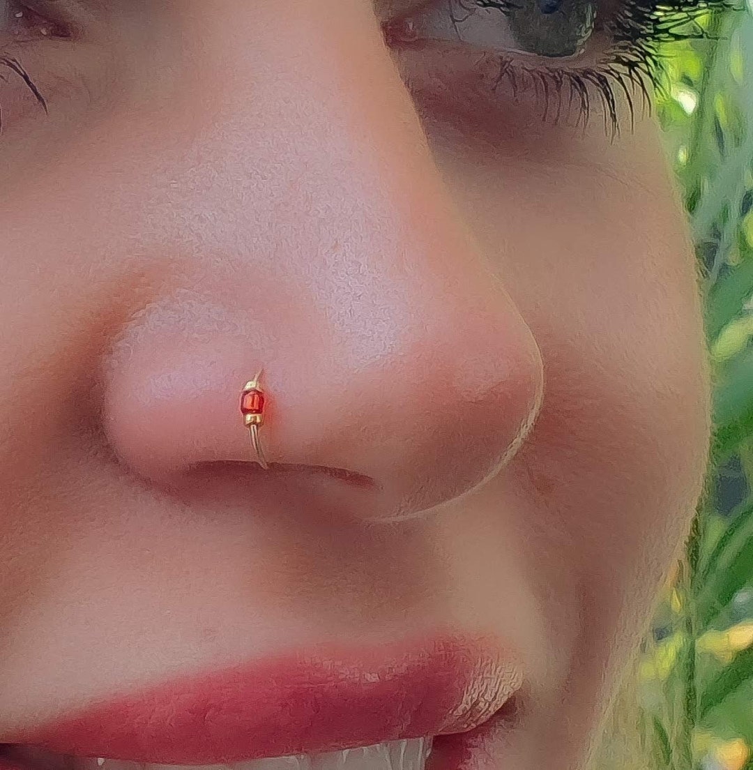 Tiny Nose Piericng Hoop - Handmade 7mm Gold Nose Ring With a 2mm Cherry ...