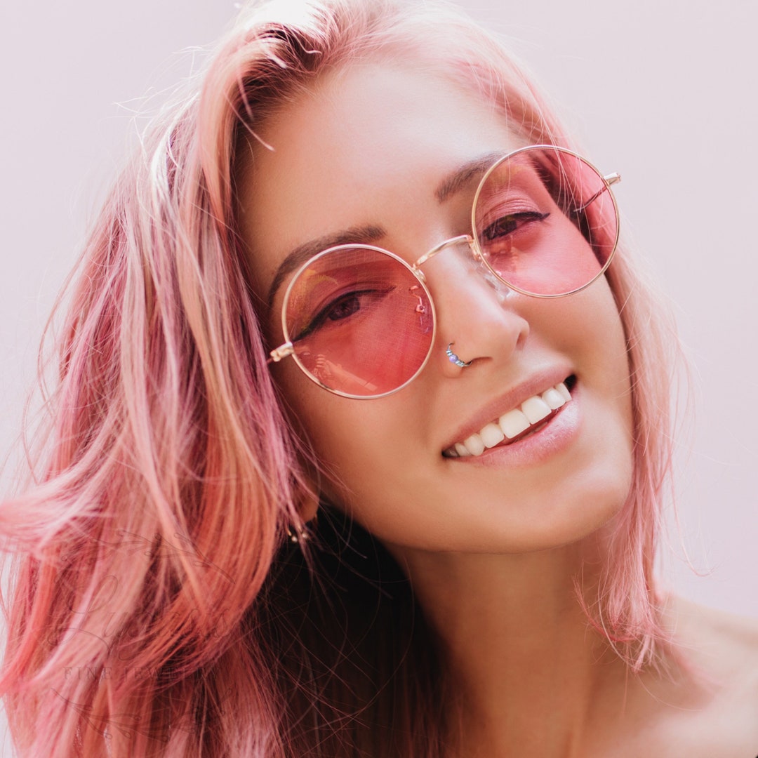 Pink Opal Silver Nose Piercing Hoop - Hypoallergenic 7mm Nose Ring With ...