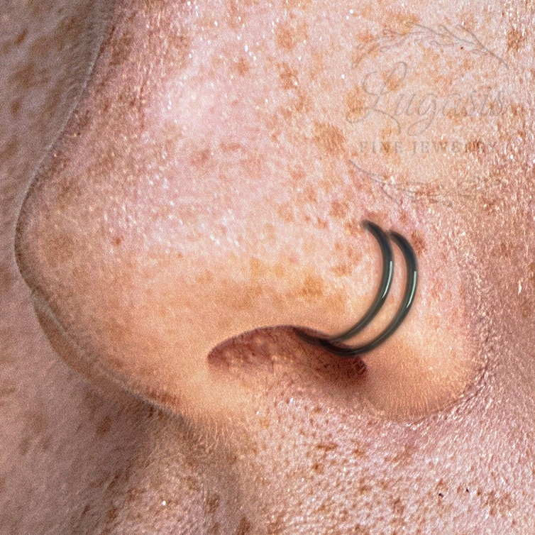 Thin Spiral Black Nose Ring Hoop Tiny 7mm Double Hoop Nose Piercing ...