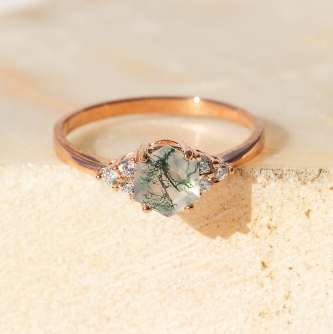 Moss Agate Ring Hexagon Ring Natural Aquatic Moss Engagement Ring ...