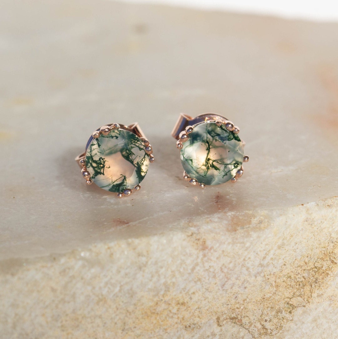 Moss Agate Earrings Round Aquatic Moss Earrings Stud Earrings Green ...