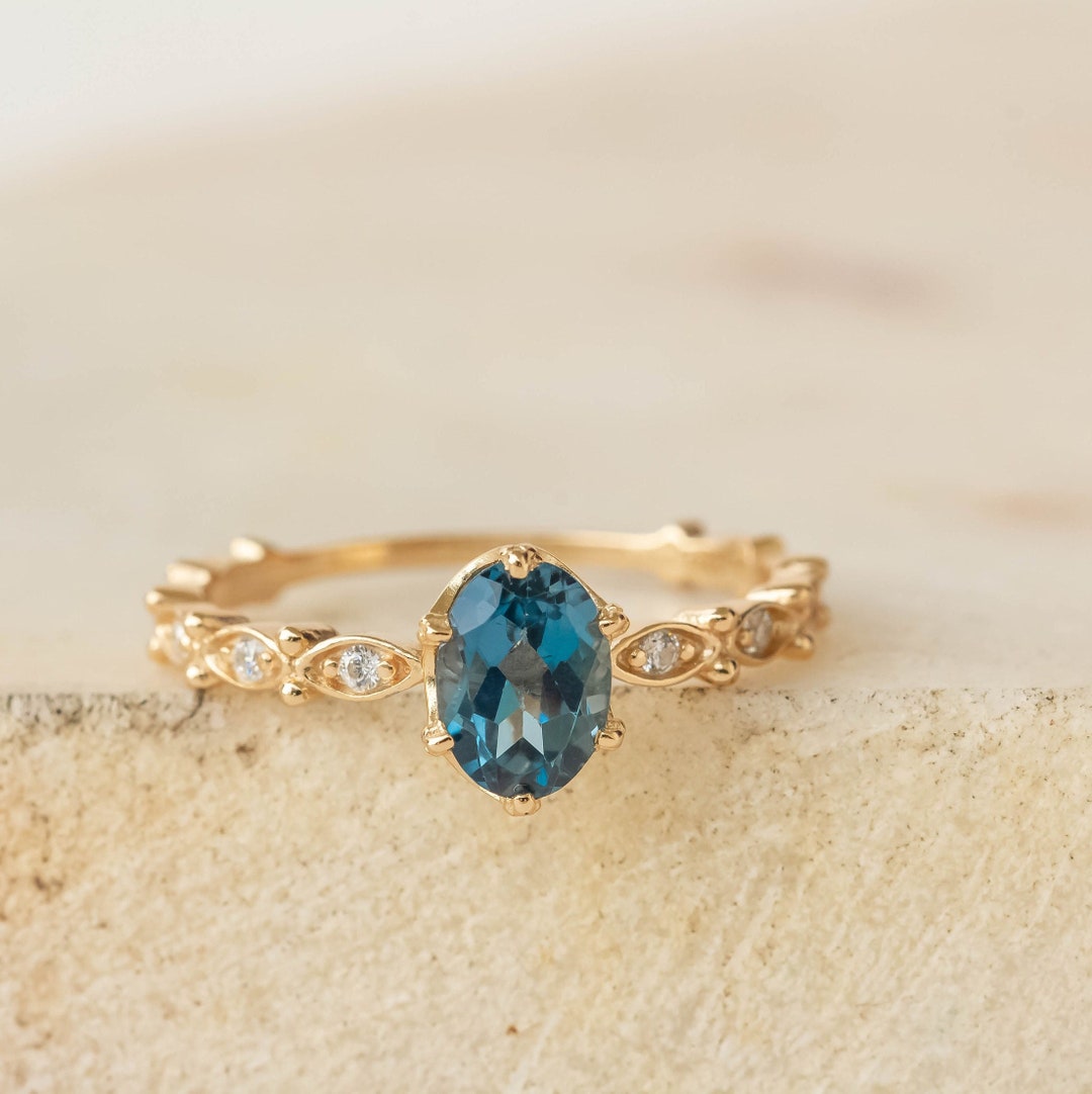 Vintage Blue Topaz Ring 14k Gold Plated Blue Gemstone Ring Promise Ring ...