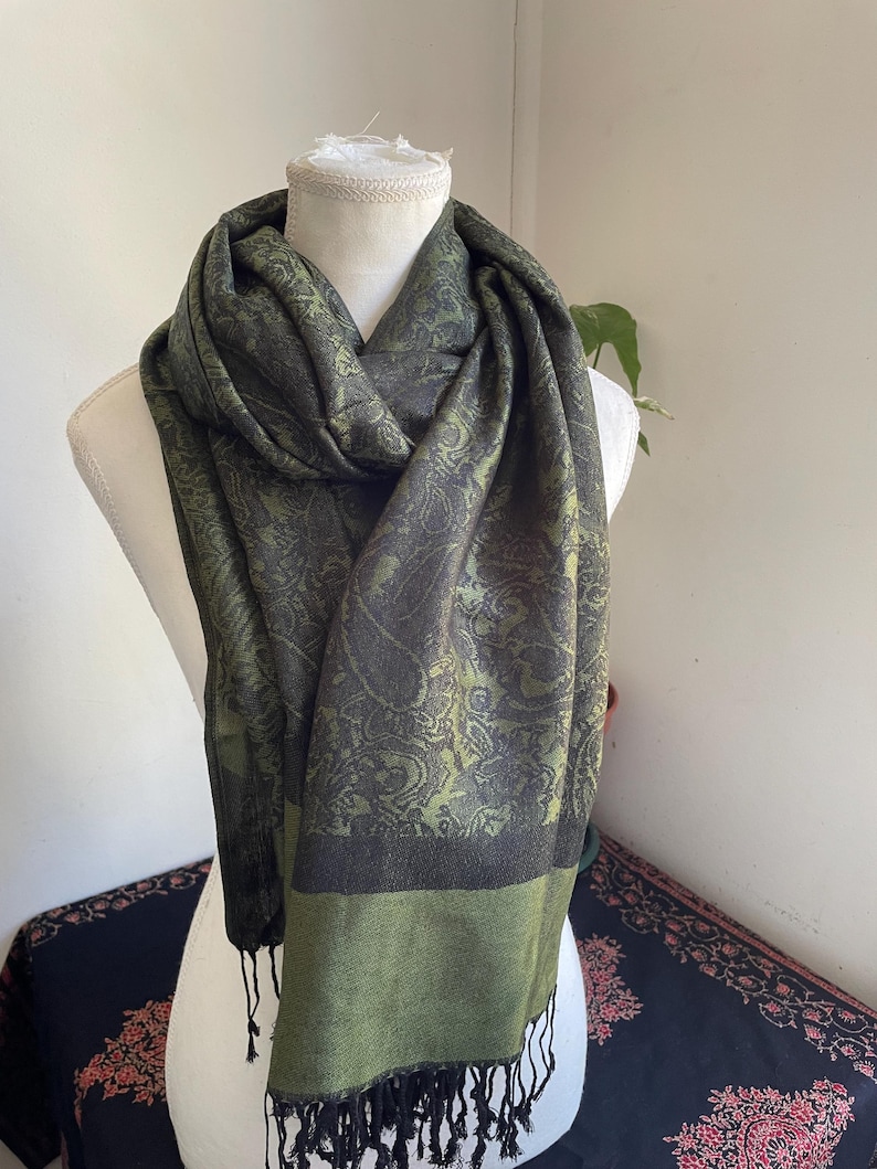 Dark Green Silk Pashmina Blend Scarf, Lightweight Multicolor Shawl ...