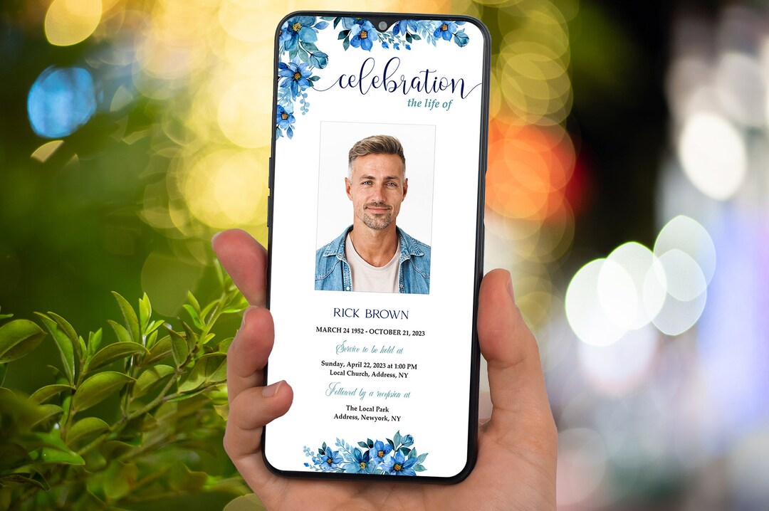 Funeral E-vite With Blue Flowers Theme, Funeral Digital Invitation, E ...