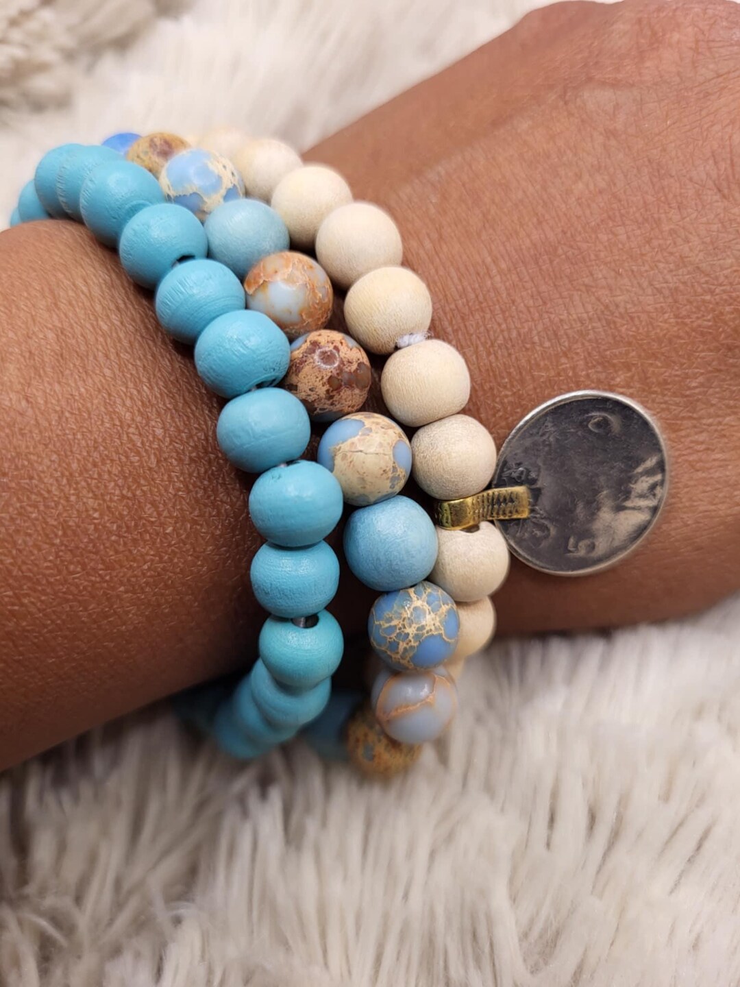 Teal Blue Set of 3 Bracelets | Light Blue Jasper | Cream Wooden Beads ...