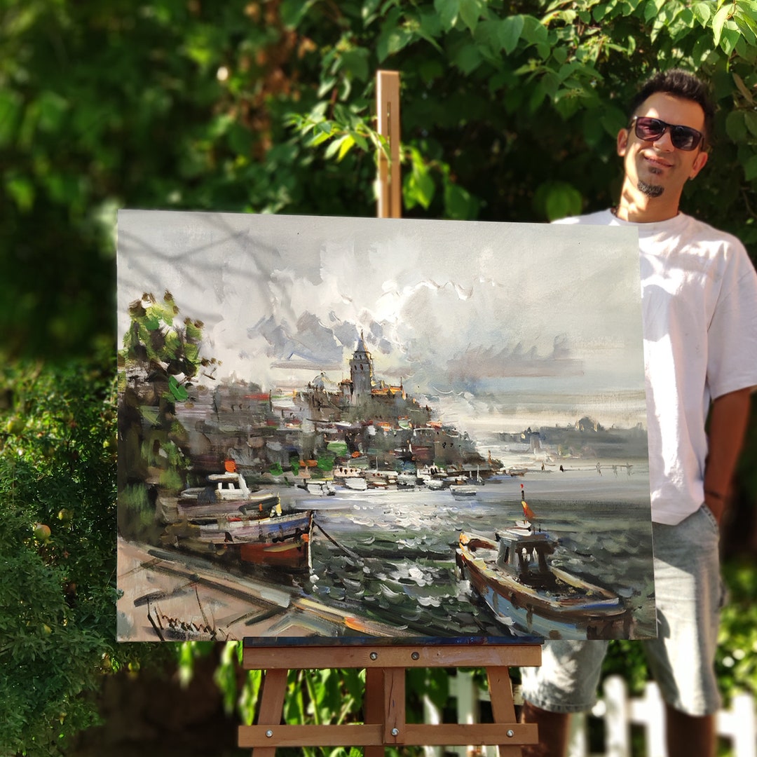 Turkey Istanbul Galata Tower Original Oil Painting, City Landscape Wall ...