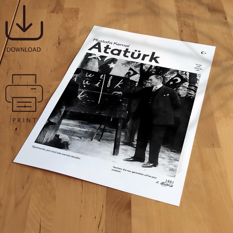 Mustafa Kemal Atatürk Alphabet Revolution Black and White Poster or ...