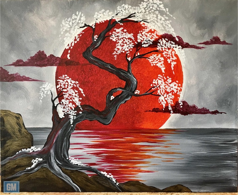 Chinese Landscape Art Prints: Mountain & Red Moon Painting (digital ...