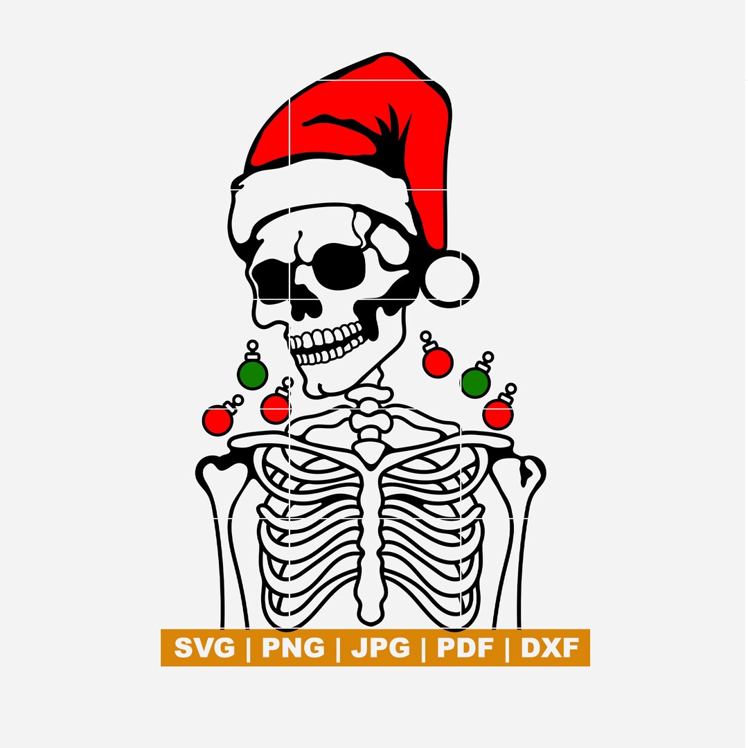 Skeleton With Christmas Lights Wearing Santa Hat SVG, Skeleton Xmas SVG ...